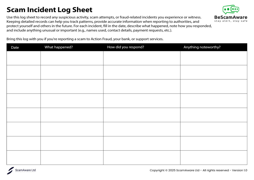 Scam Incident Log Sheet - BeScamAware
